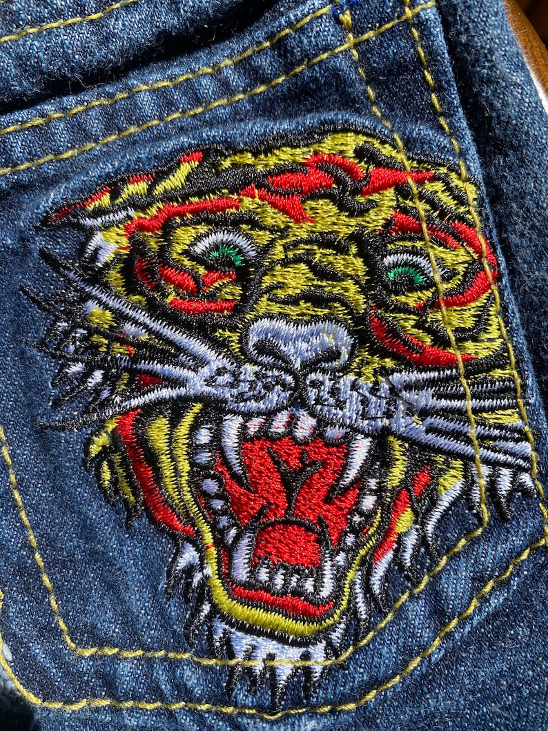 Ed Hardy Tiger Embroidered Jeans Dark Blue Y2K Tiger Patch Embroidered ...