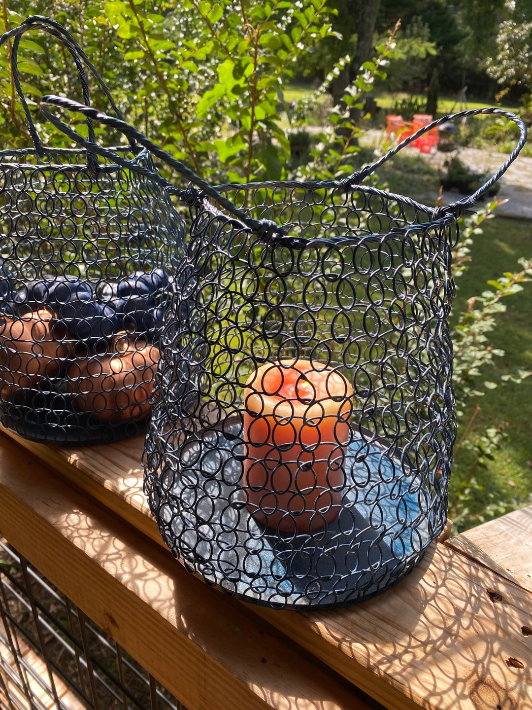 Wire Mesh Lantern Candle Holder W Double Handles Painted Blue Metal ...