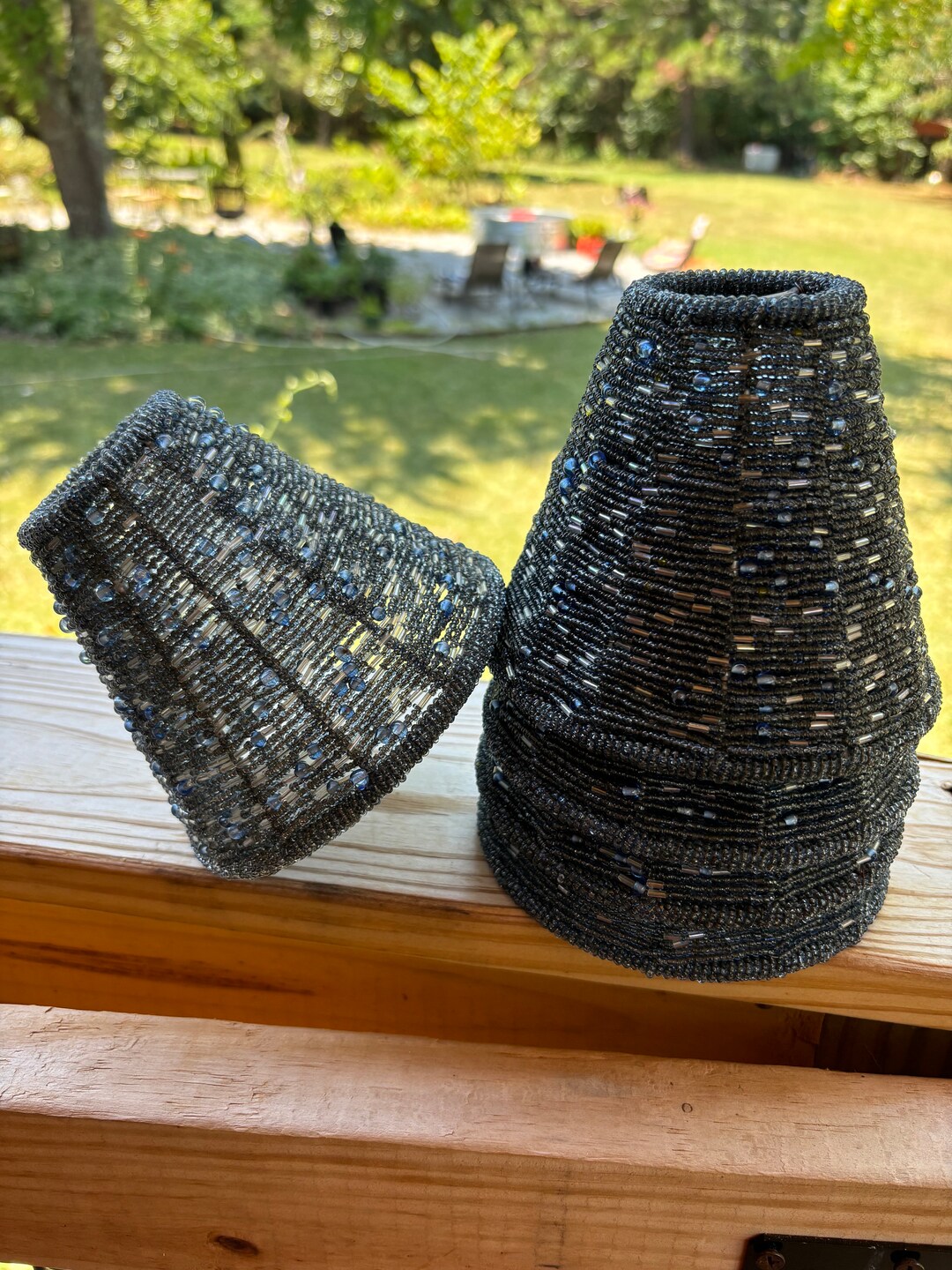 Vintage Blue Beaded Wire Lamp Shades Small Heavy Size Clips on to Bulb ...