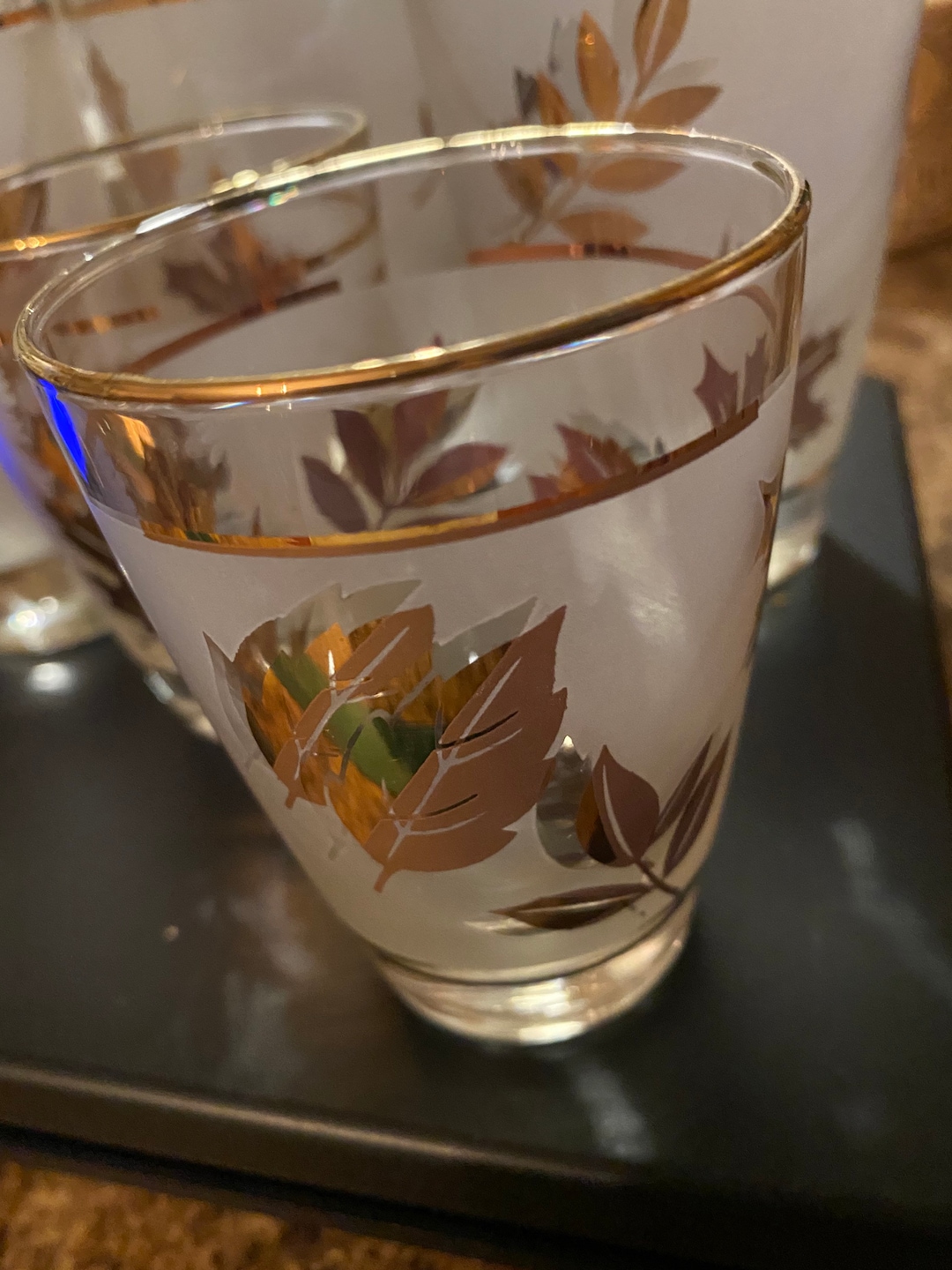 Libbey Vintage Oak Leaf Pattern in Gold Frosted Glass Gold Rim 3 Large ...