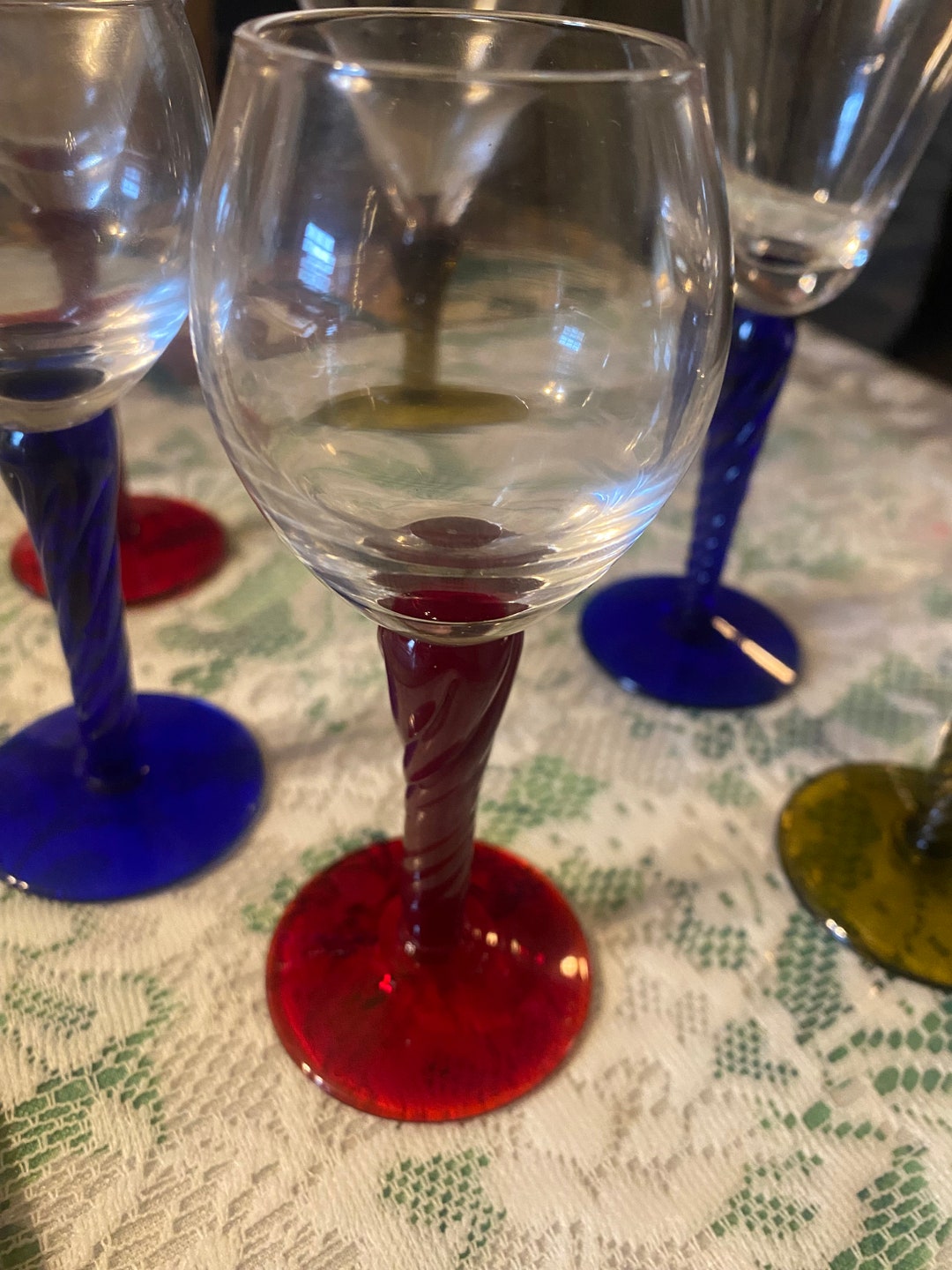 Cordial Wine Glasses Colored Stems on Clear Bowl Red Cobalt Blue ...