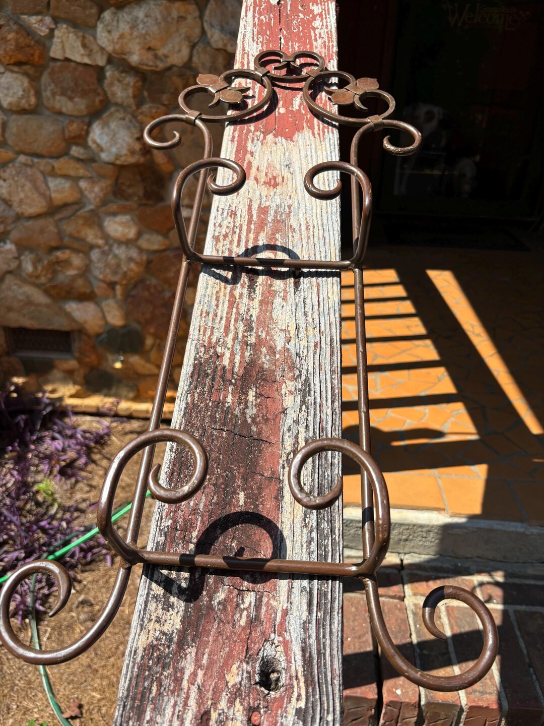 Hanging Wrought Iron Plate Rack 2 Tiers Scroll Work Heavy Vintage Metal ...