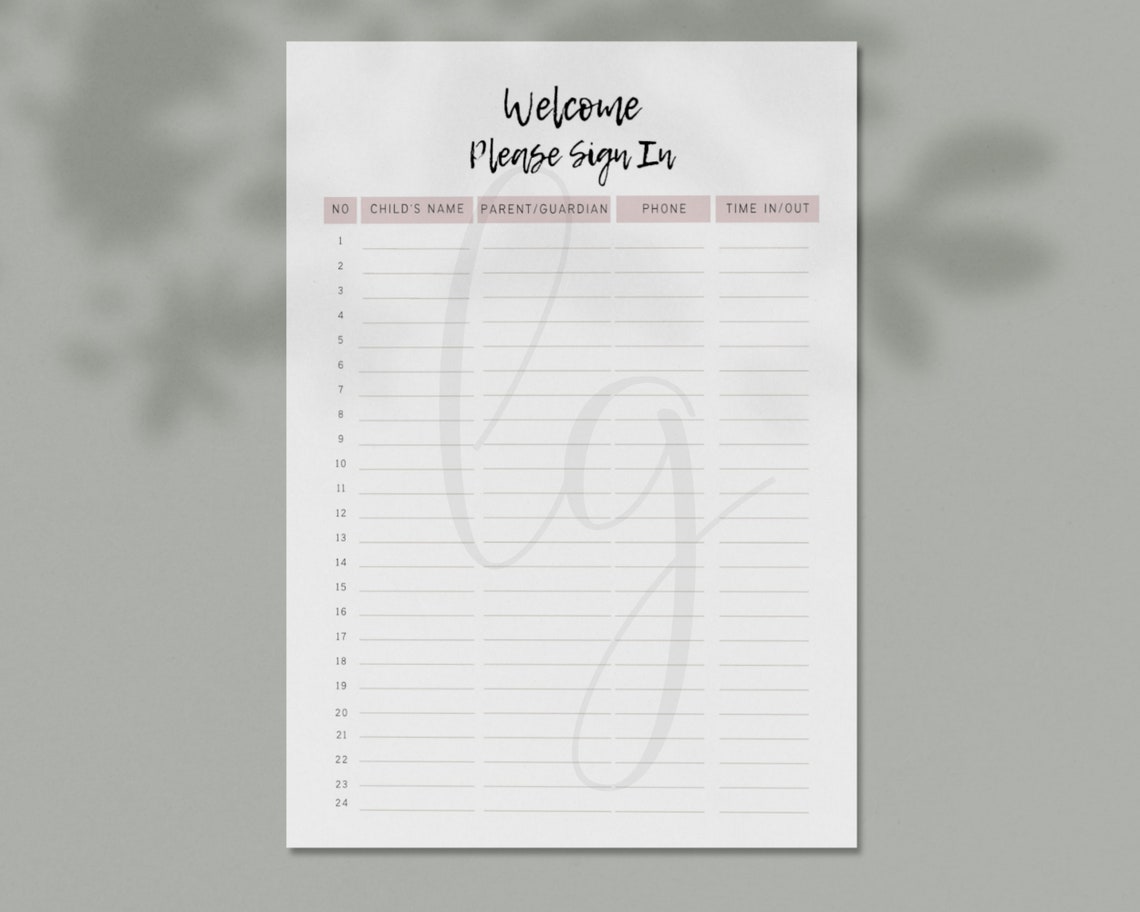 Childcare Sign in Sheet Daycare Sign in Preschool Nursery - Etsy