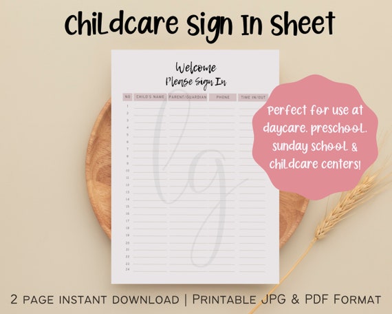 Childcare Sign in Sheet Daycare Sign in Preschool Nursery - Etsy