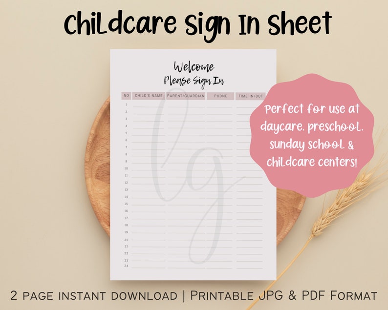 Childcare Sign in Sheet Daycare Sign in Preschool Nursery - Etsy