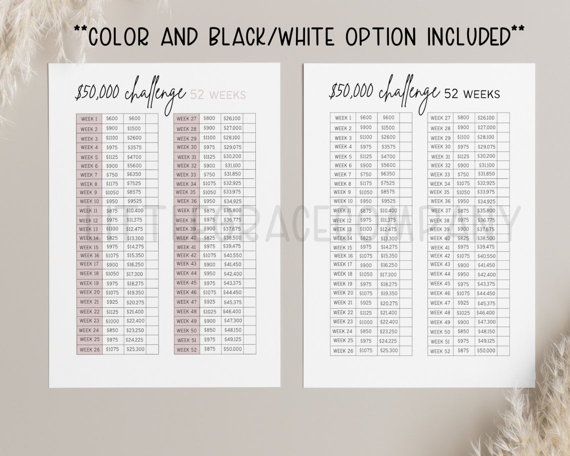 50K 52 Week Savings Challenge 50000 Saving Challenges 50K - Etsy