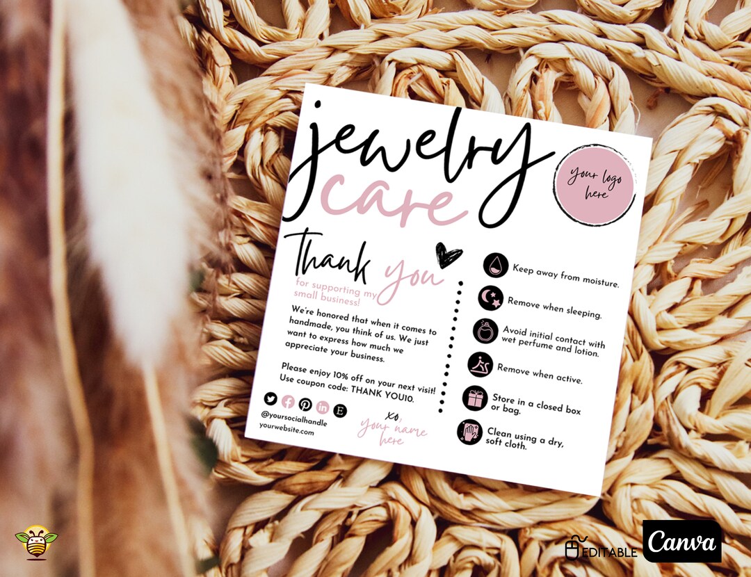 Editable Jewelry Care Card, 4" X 4" Care Card, Jewelry Care Card, Care ...