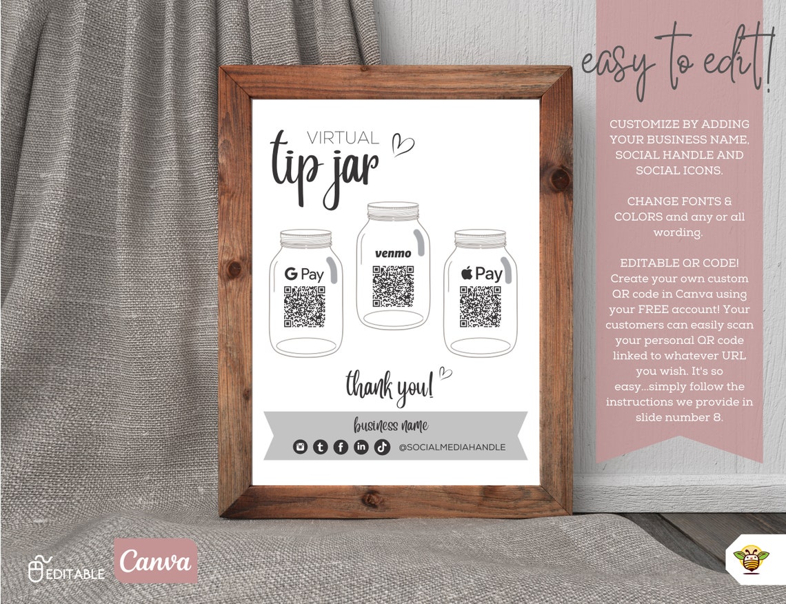 Editable Tip Jar Signs/review, TWO Designs Included, Custom QR Code Tip Jar Signs, Canva ...