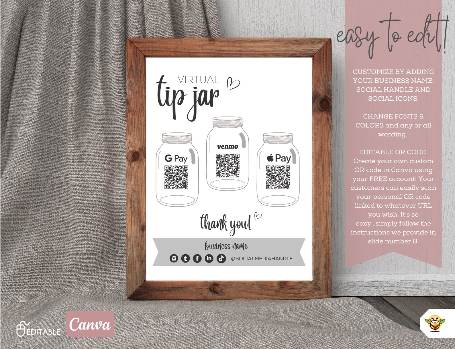 Editable Tip Jar Signs/review, TWO Designs Included, Custom QR Code Tip ...