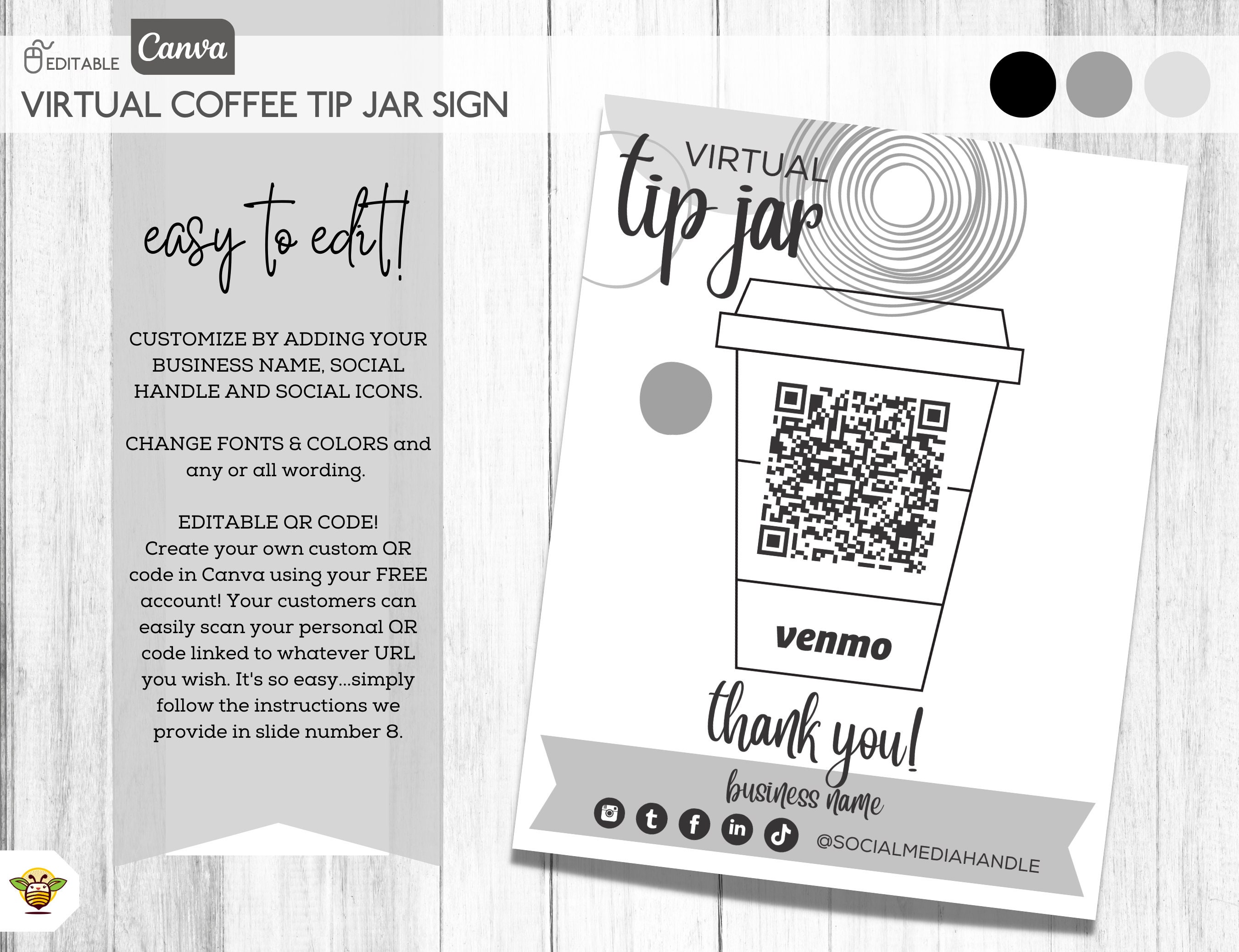 Editable Tip Jar Signs/review, Coffee Cup Tip Jar, Custom QR Code Tip ...