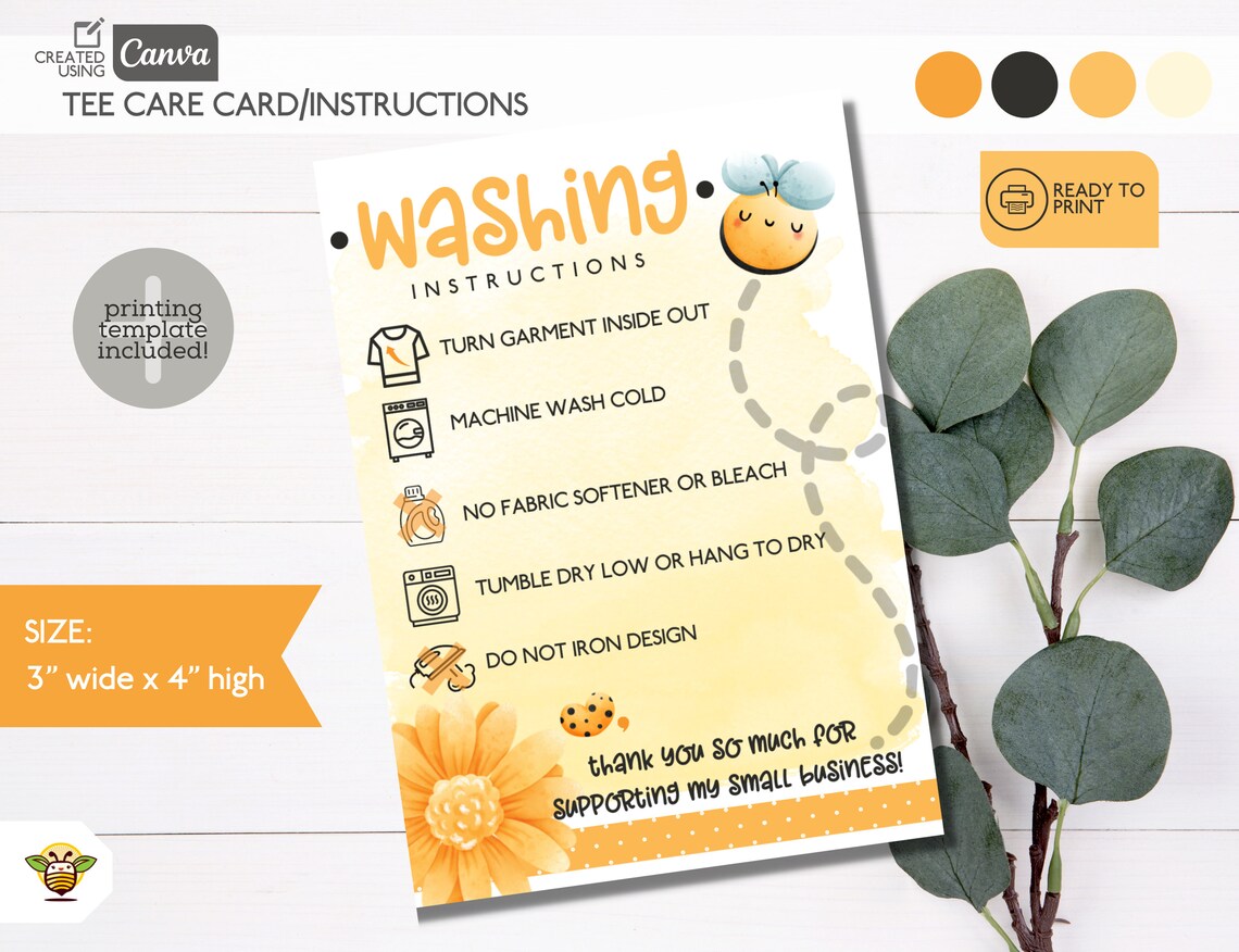 Ready to Print Care Card, Product Care Card, Garment Care Card, Summer ...