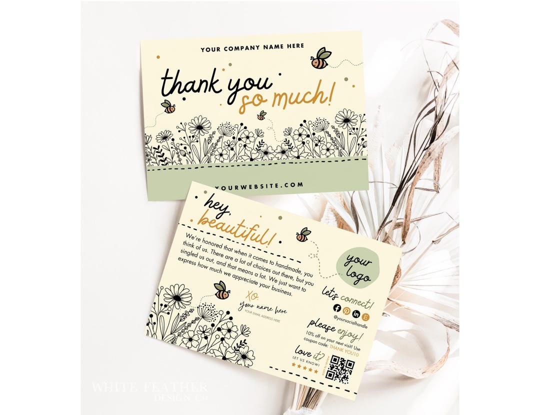 Spring Thank You Card Template, Thank You Card Template, Bee Thank You ...