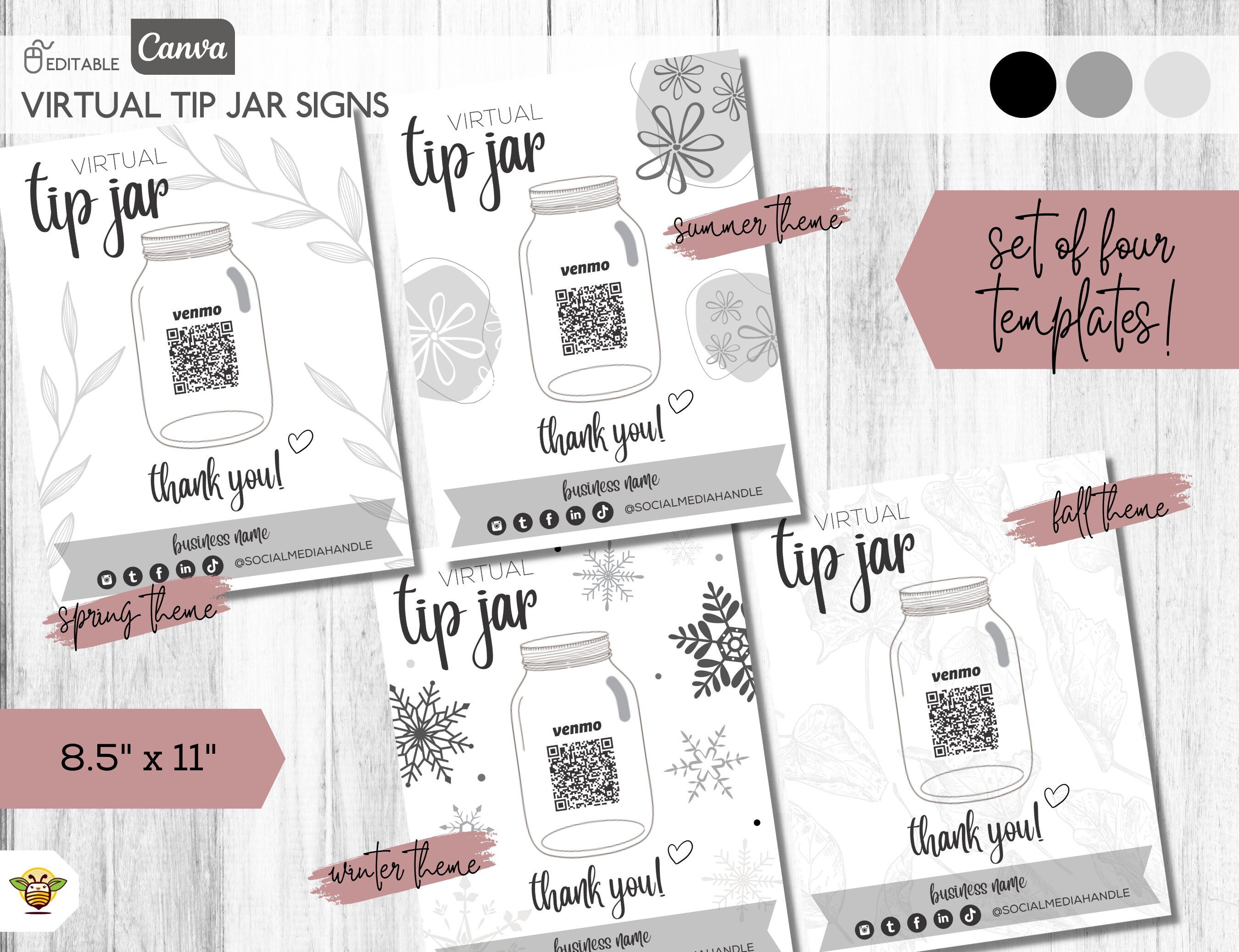 Editable Tip Jar Signs, FOUR Designs Included, Custom QR Code Tip Jar ...