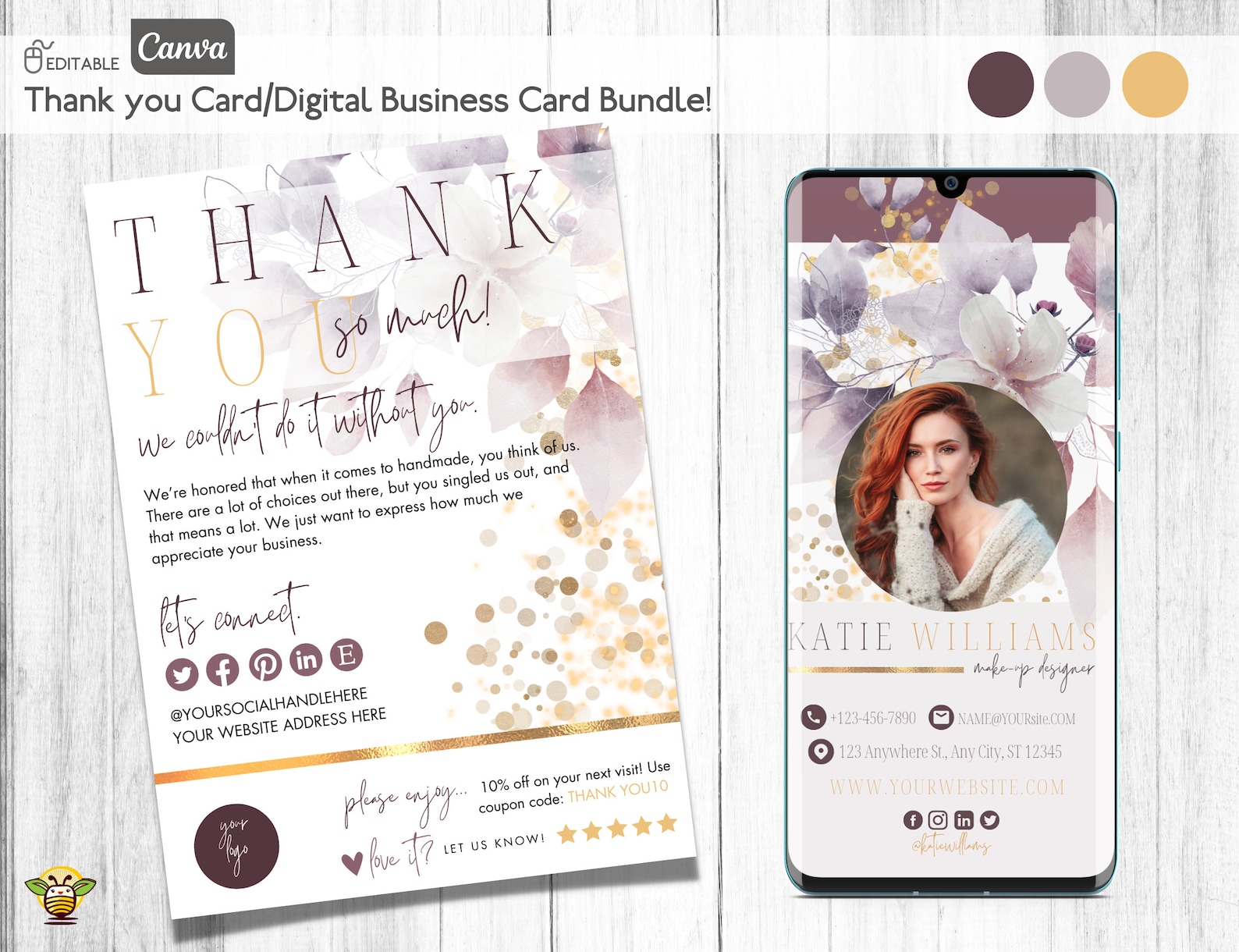 Thank You Card & Digital Business Card Template Bundle, Branding Bundle ...