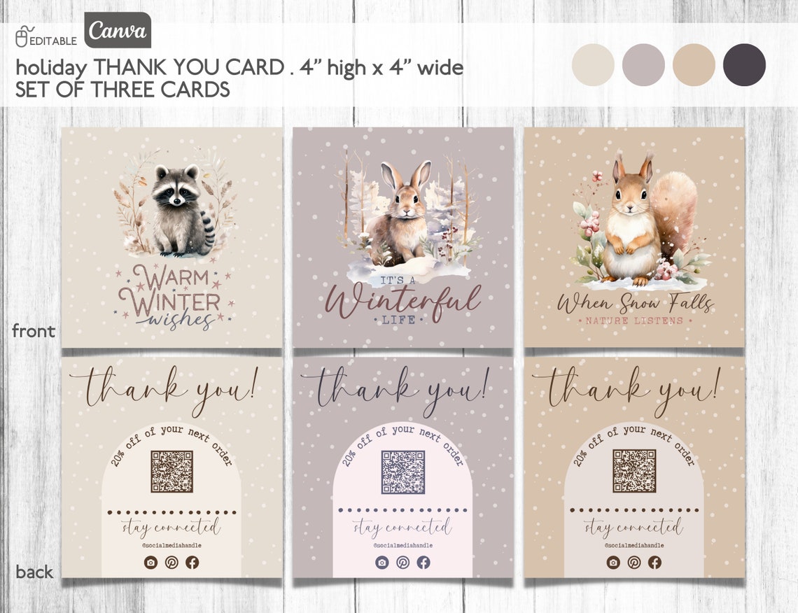 Winter Thank You Card Templates, Set of THREE Cards, Editable Winter ...