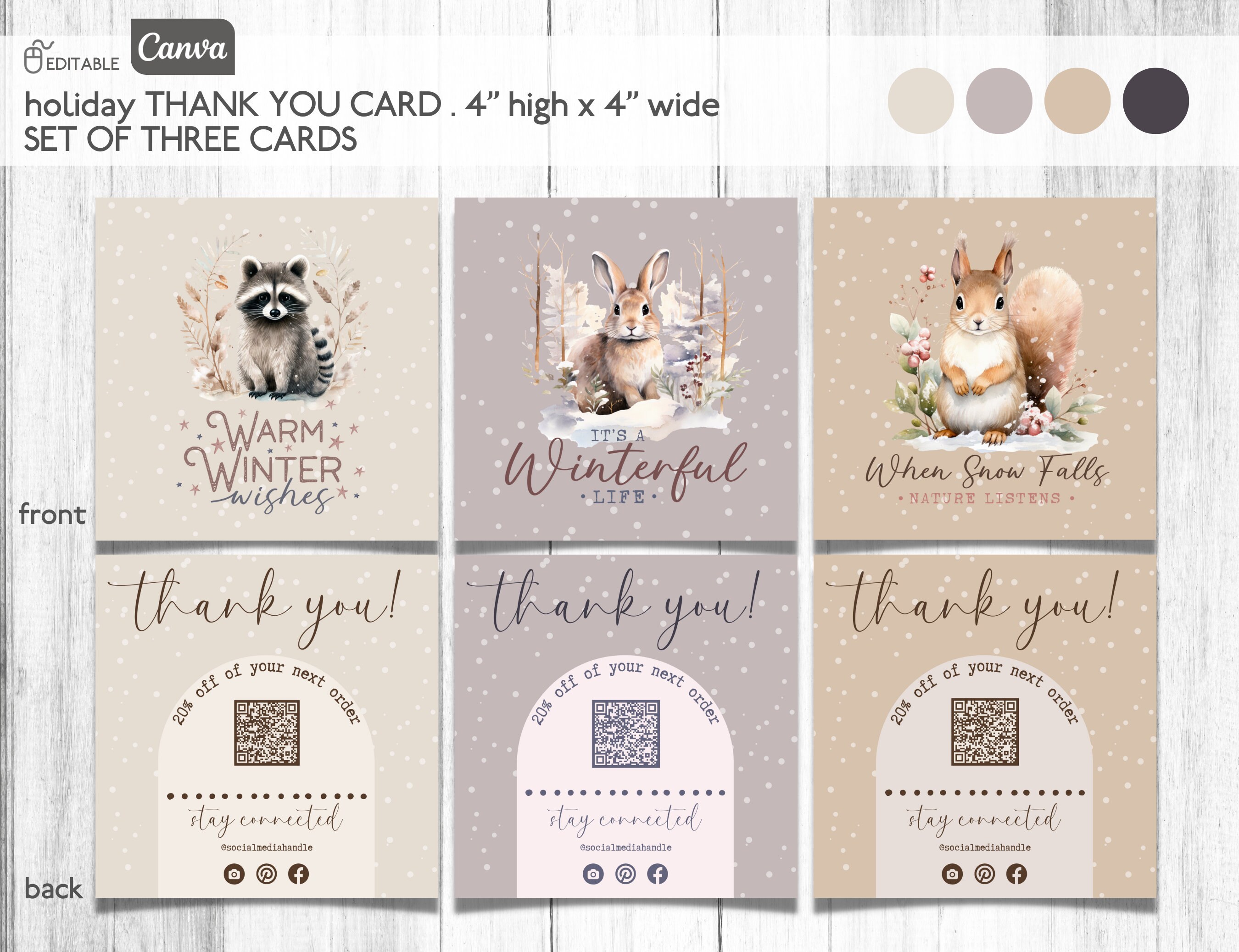 Winter Thank You Card Templates, Set of THREE Cards, Editable Winter ...