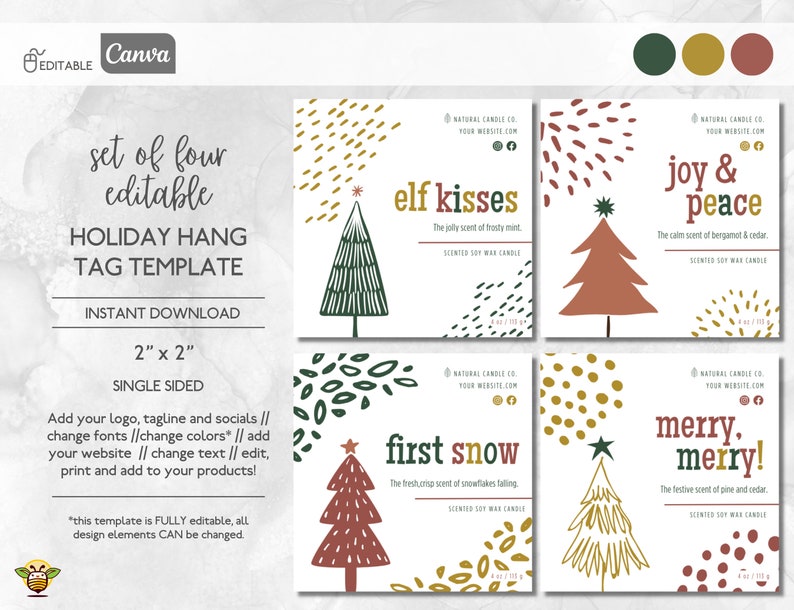 Set of Four Holiday Hang Tag Templates, Retro Candle Hang Tag Template ...