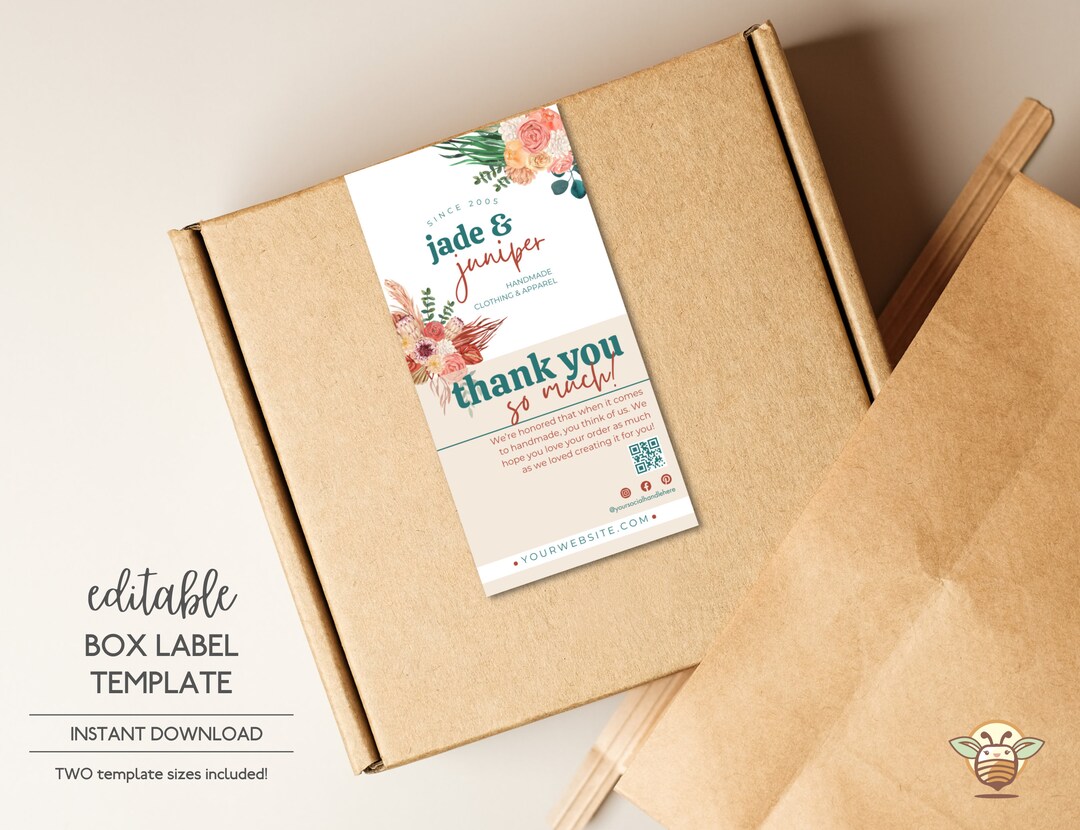 Boho Box Label Sticker Template, QR Code Packaging Sticker, Floral ...