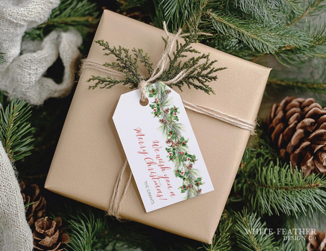 Pine Garland Gift Tag Template, Pine Gift Tag, Traditional Christmas ...