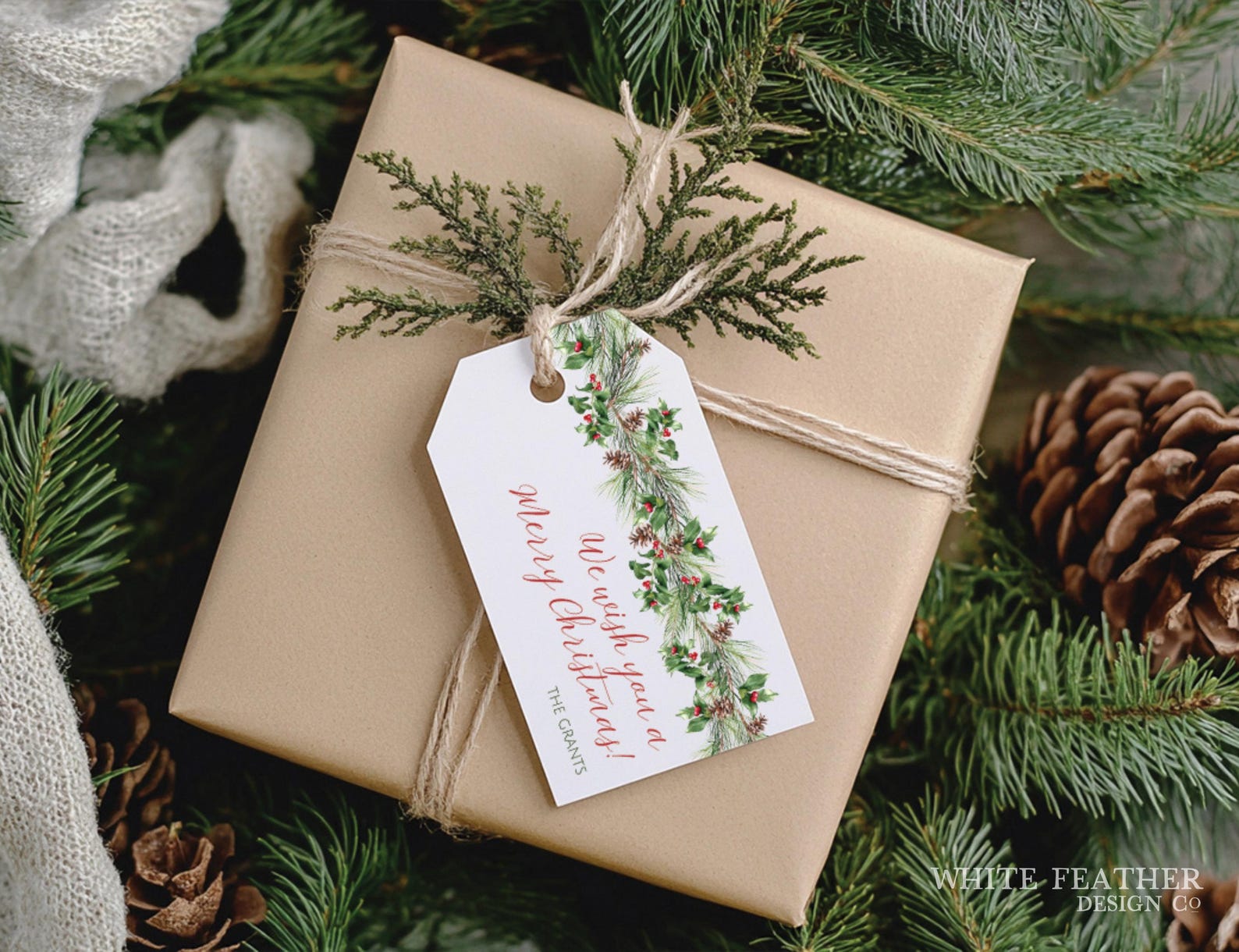 Pine Garland Gift Tag Template, Pine Gift Tag, Traditional Christmas ...