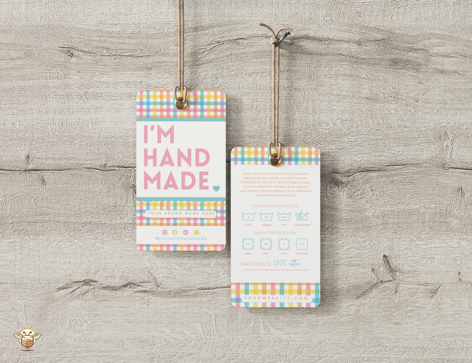 Editable Spring Plaid Hang Tag Template, Washing Care Card (digital ...