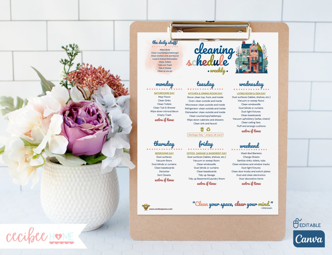 Editable Cleaning Schedule, Printable Cleaning Schedule, Cleaning ...