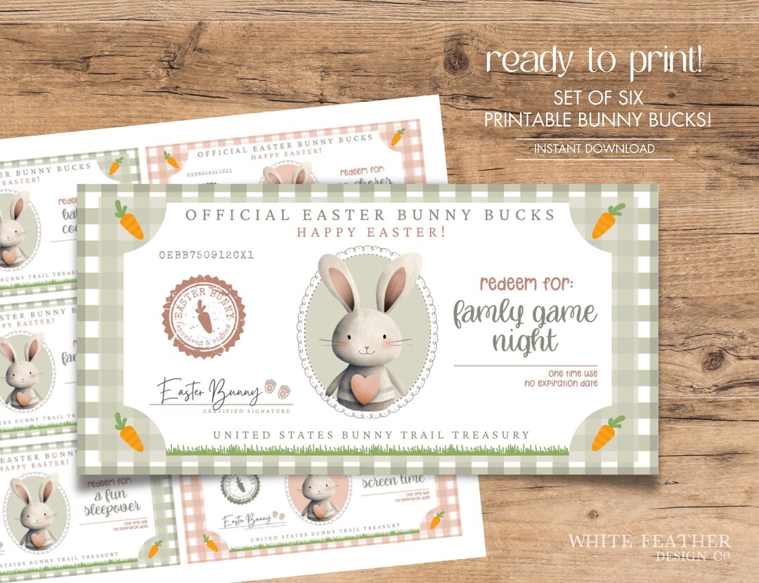 Easter Bunny Bucks, Ready to Print Redeemable Gift Vouchers, Set of 6 ...