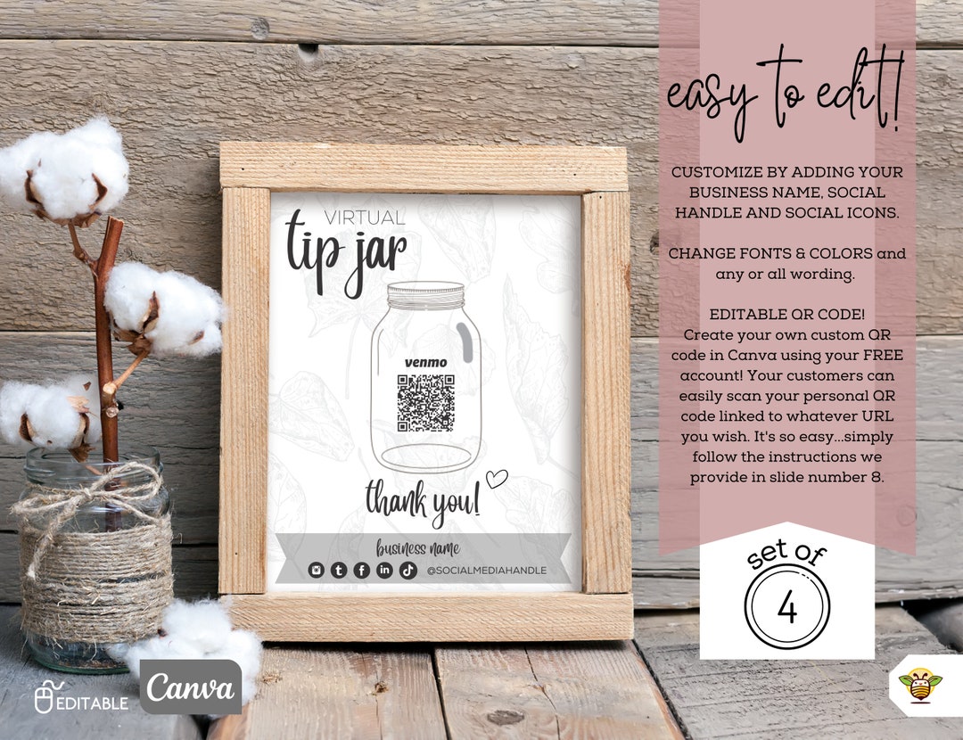 Editable Tip Jar Signs, FOUR Designs Included, Custom QR Code Tip Jar ...