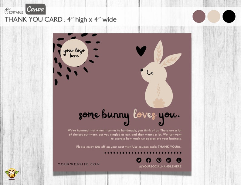 Easter Thank You Card Template, Rabbit Thank You Card, Small Business ...