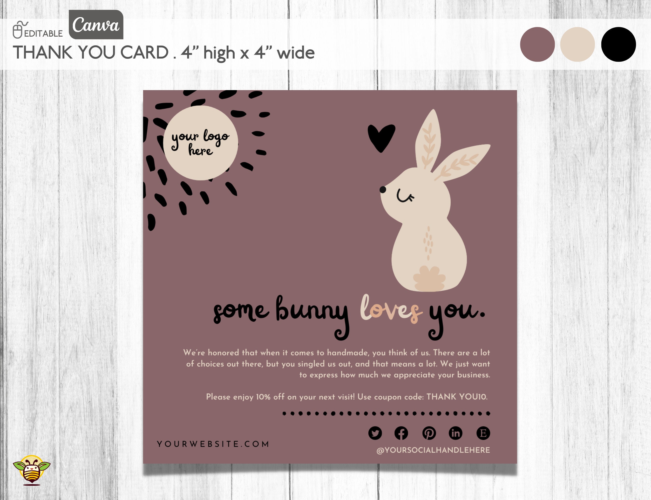 Easter Thank You Card Template, Rabbit Thank You Card, Small Business ...