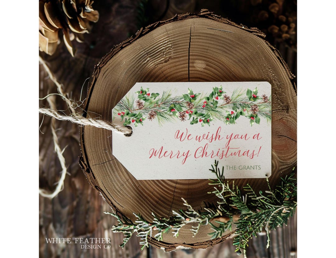 Pine Garland Gift Tag Template, Pine Gift Tag, Traditional Christmas ...