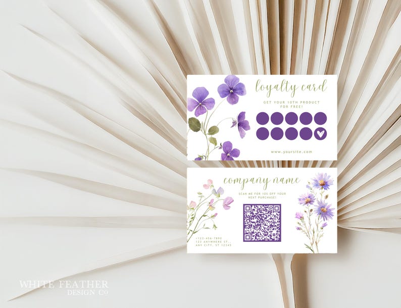 Purple and Green Floral Loyalty Card Template, Botanical Punch Card ...