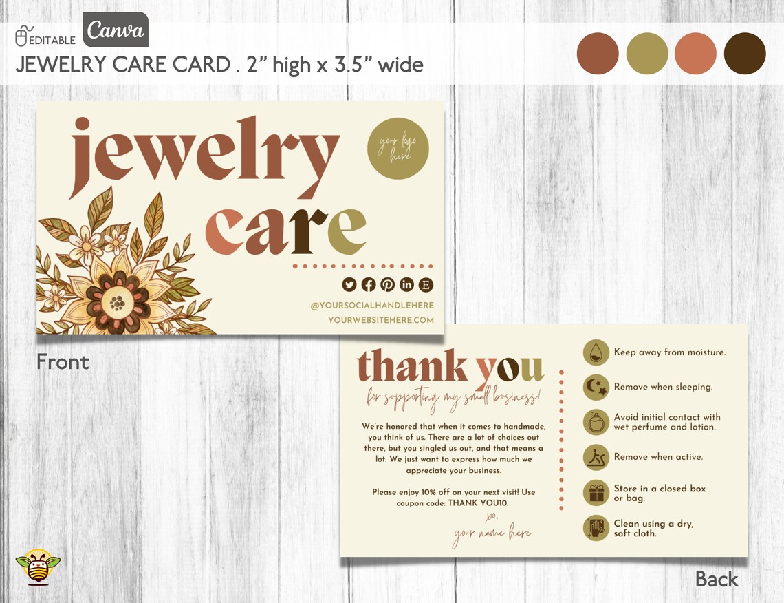 Editable Jewelry Care Card, Small Business Care Card, Jewelry Care Card ...