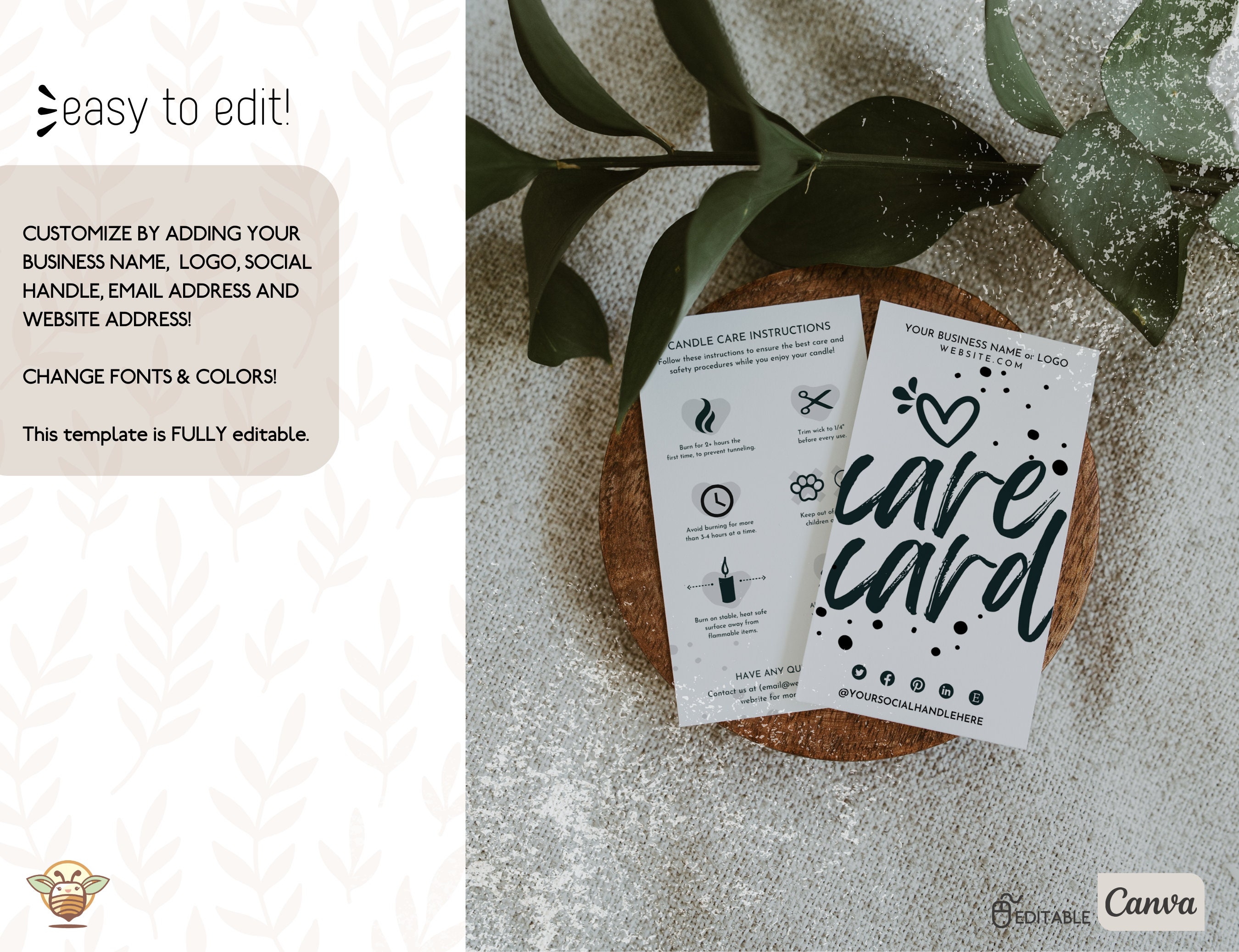 Editable Candle Care Card, Small Business Care Card, Candle Care Card ...