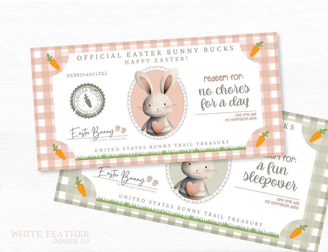 Easter Bunny Bucks, Ready to Print Redeemable Gift Vouchers, Set of 6 ...