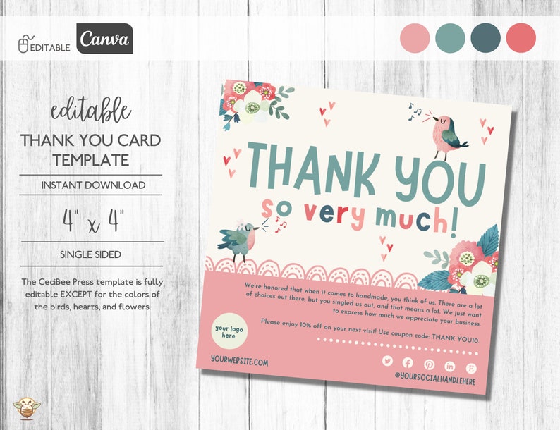 Spring Thank You Card Template, Cute Thank You Card Template, Canva ...
