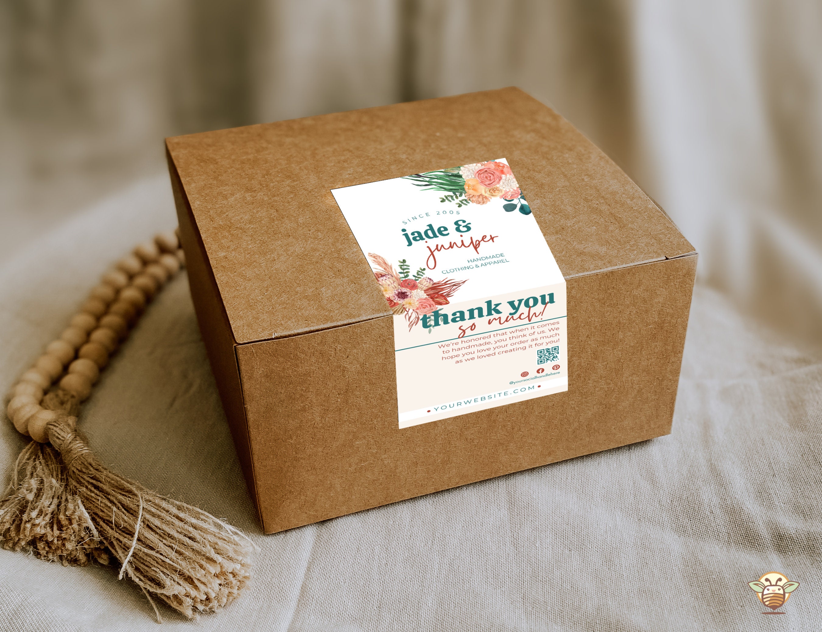 Boho Box Label Sticker Template, QR Code Packaging Sticker, Floral ...