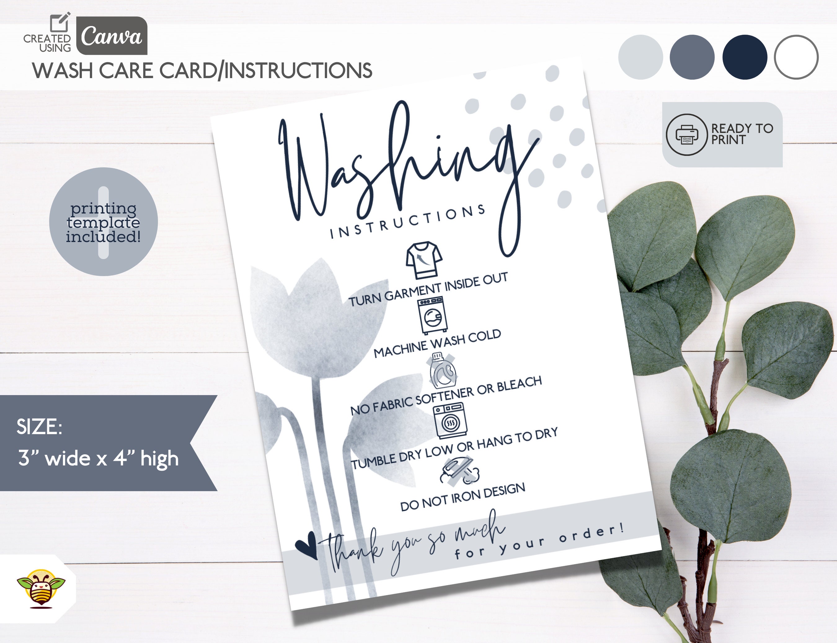 Ready to Print Care Card, Tee Care Card, Garment Care Card, Instant ...