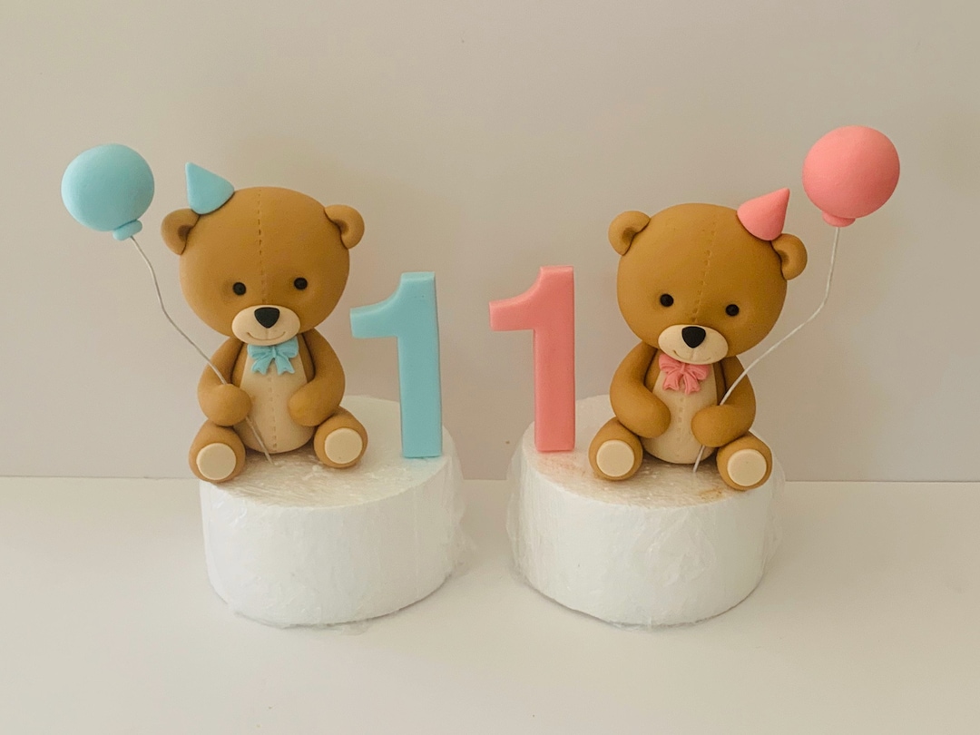 Fondant Teddy Bear With Balloon & Personalised Number Cake Topper ...