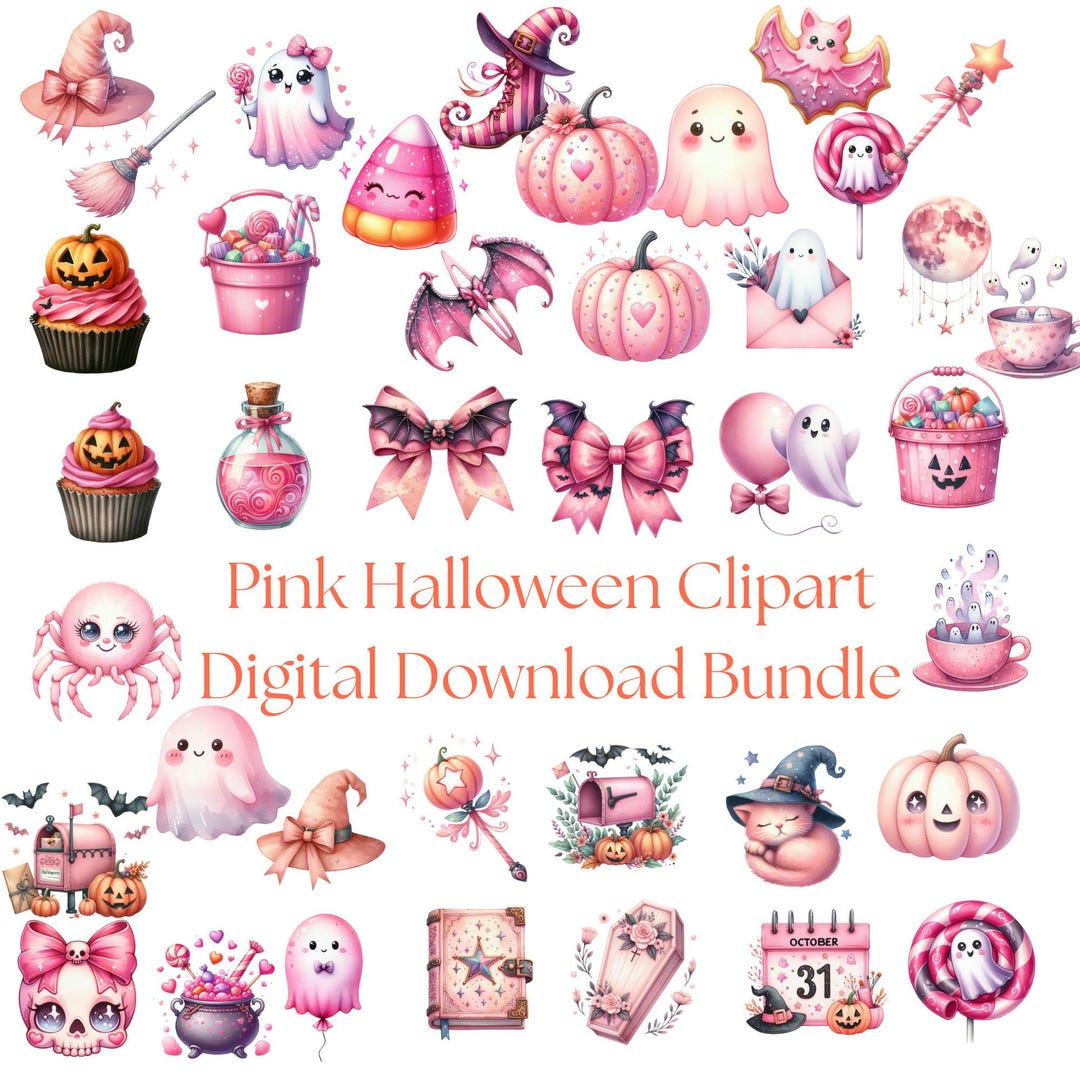 Cute Pink Halloween Clipart PNG Clipart Bundle | Digital Files ...