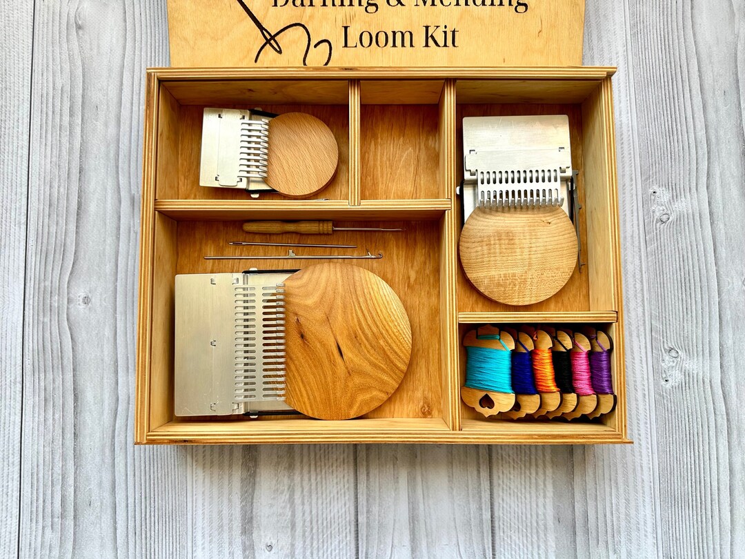 Set of 3 Darning Loom in Wooden Box + Darning Threads + Ladder Hooks ...