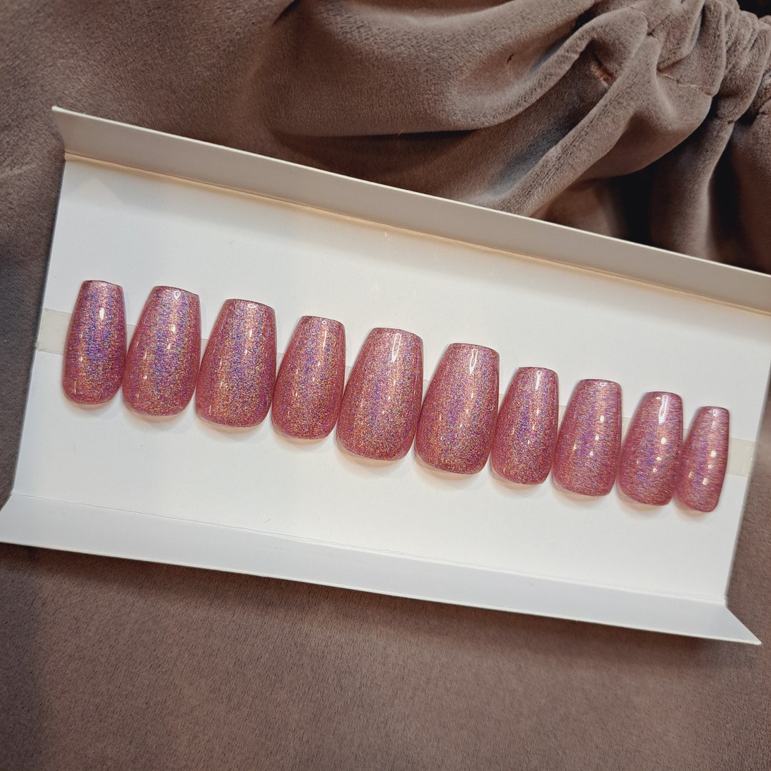 Medium Shimmery Pink Set of 10 Hand Painted Press on Salon Quality NKK ...
