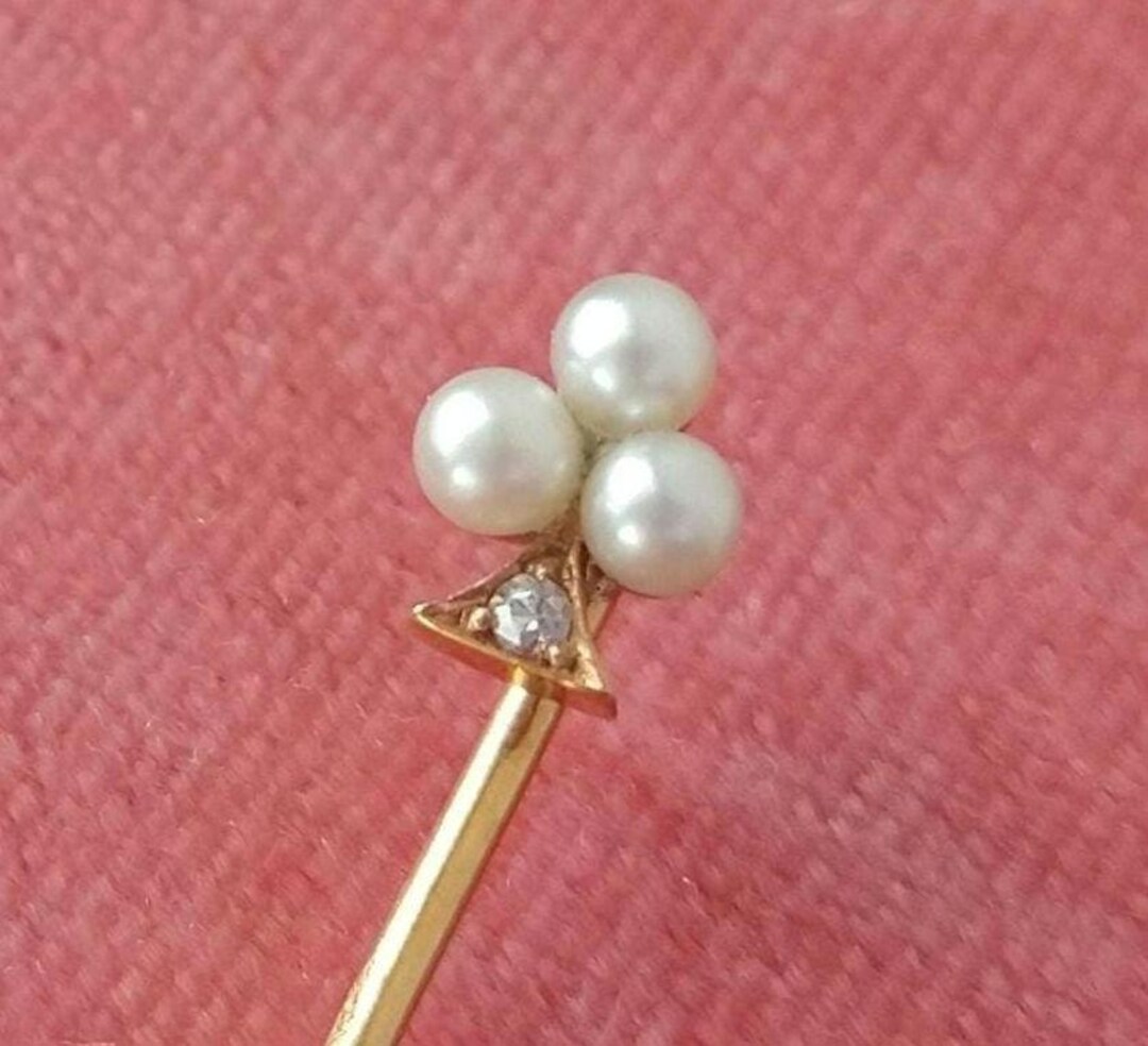 Antique French Victorian 18k Pearl and Diamond Trefoil Stick Pin ...