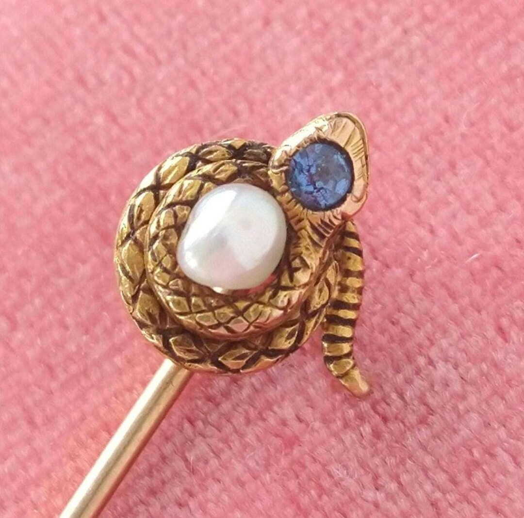 Antique Art Nouveau 14k Gold Snake Stick Pin With Pearl and Sapphire ...