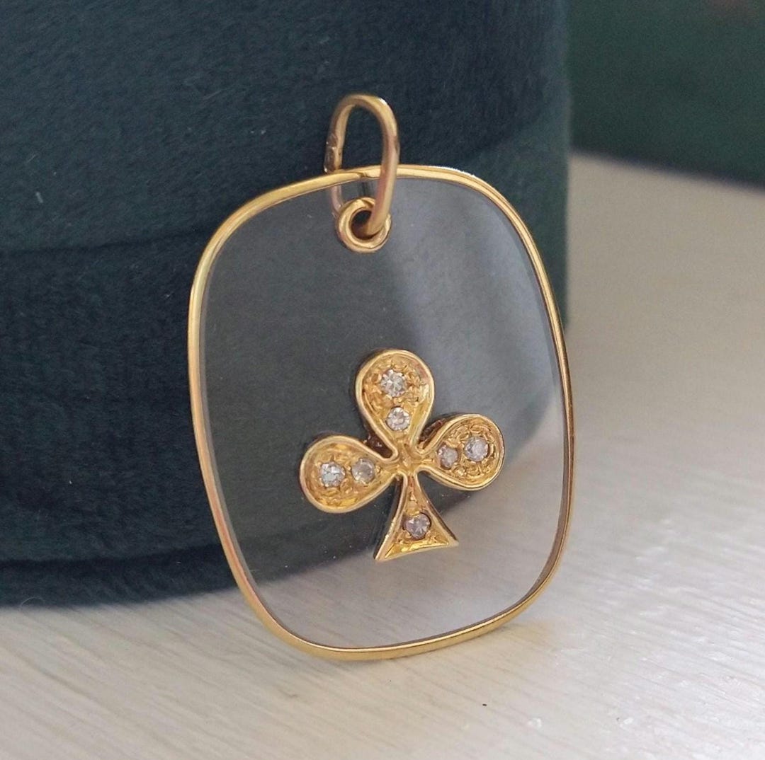 Vintage French 18k Gold Diamond Trefoil Crystal Charm Pendant, Trèfle ...