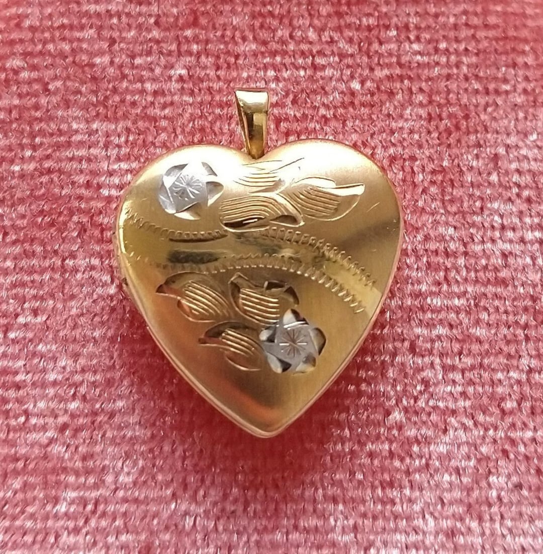 Vintage 14k Gold Heart Locket, 14k Yellow Gold Diamond Cut Floral Heart ...