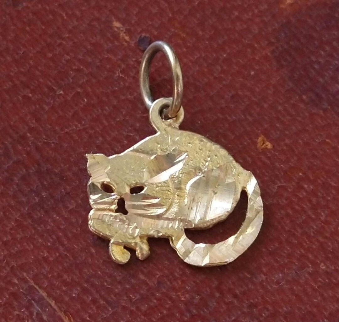 Vintage 10k Gold Cat Charm, 10k Gold Diamond Cut Cat Charm, Small Gold ...