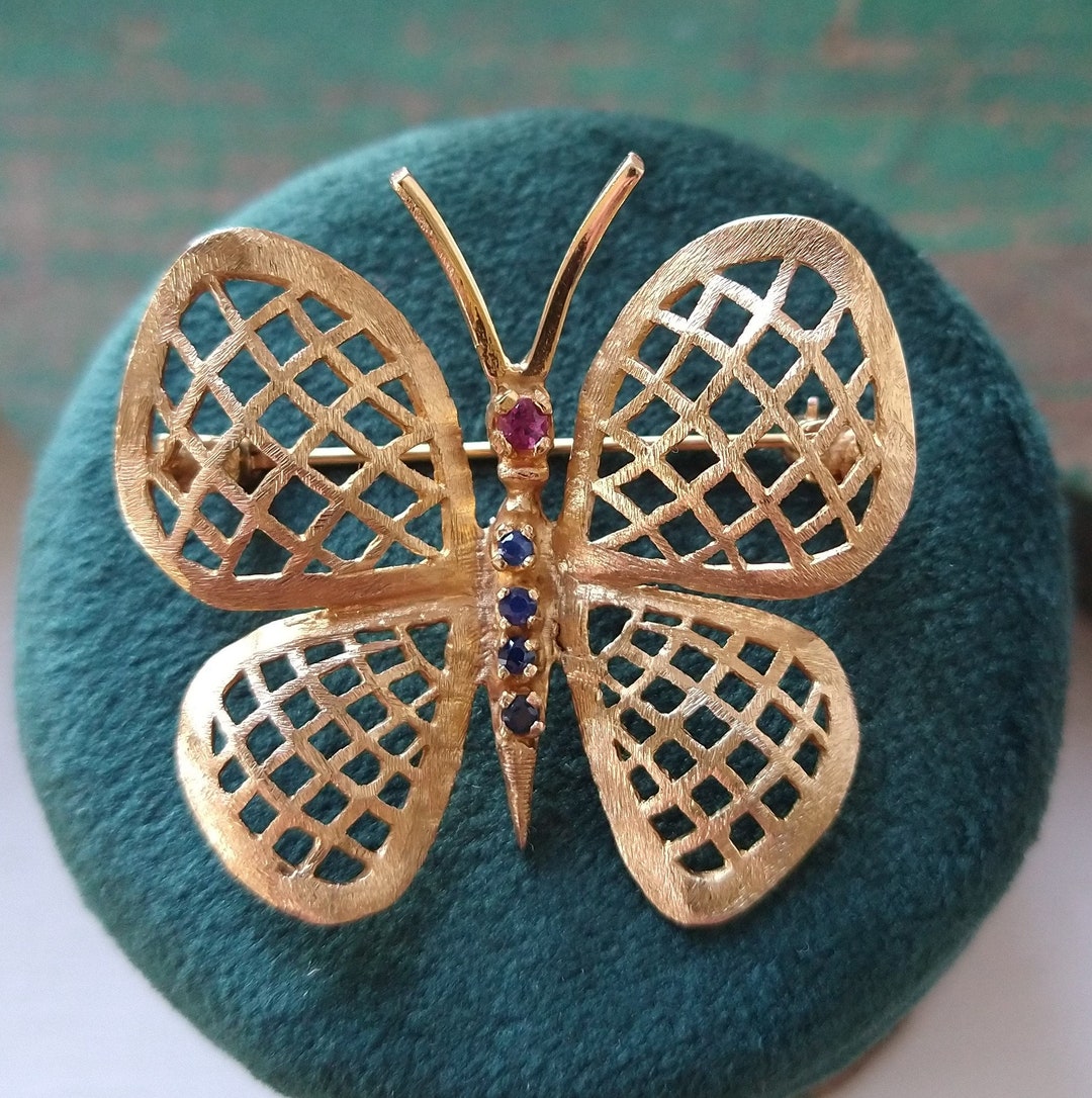 Vintage 14k Gold Ruby and Sapphire Butterfly Brooch, Vintage 14k Gold ...
