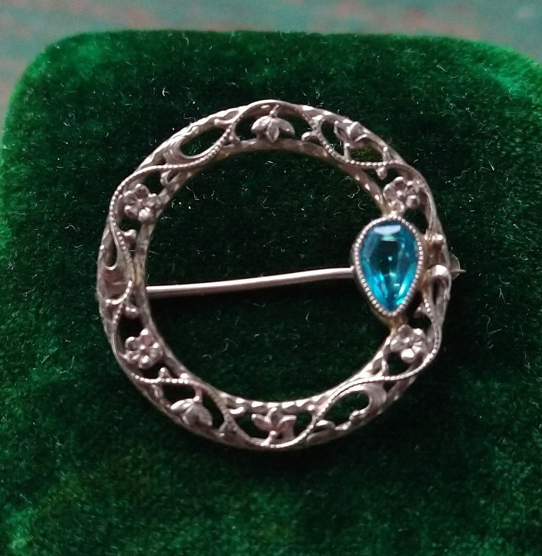 Vintage 10k White Gold Blue Paste Circle Brooch, 10k White Gold Floral ...