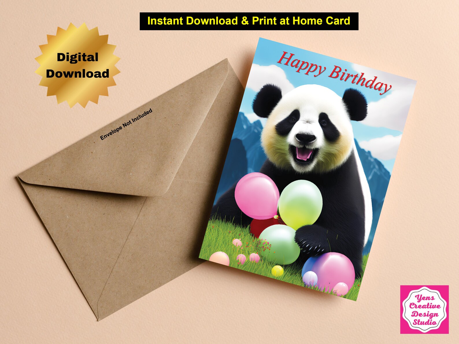 Printable Birthday Card 7x5 Inch Panda Birthday Card Downloadable Panda ...